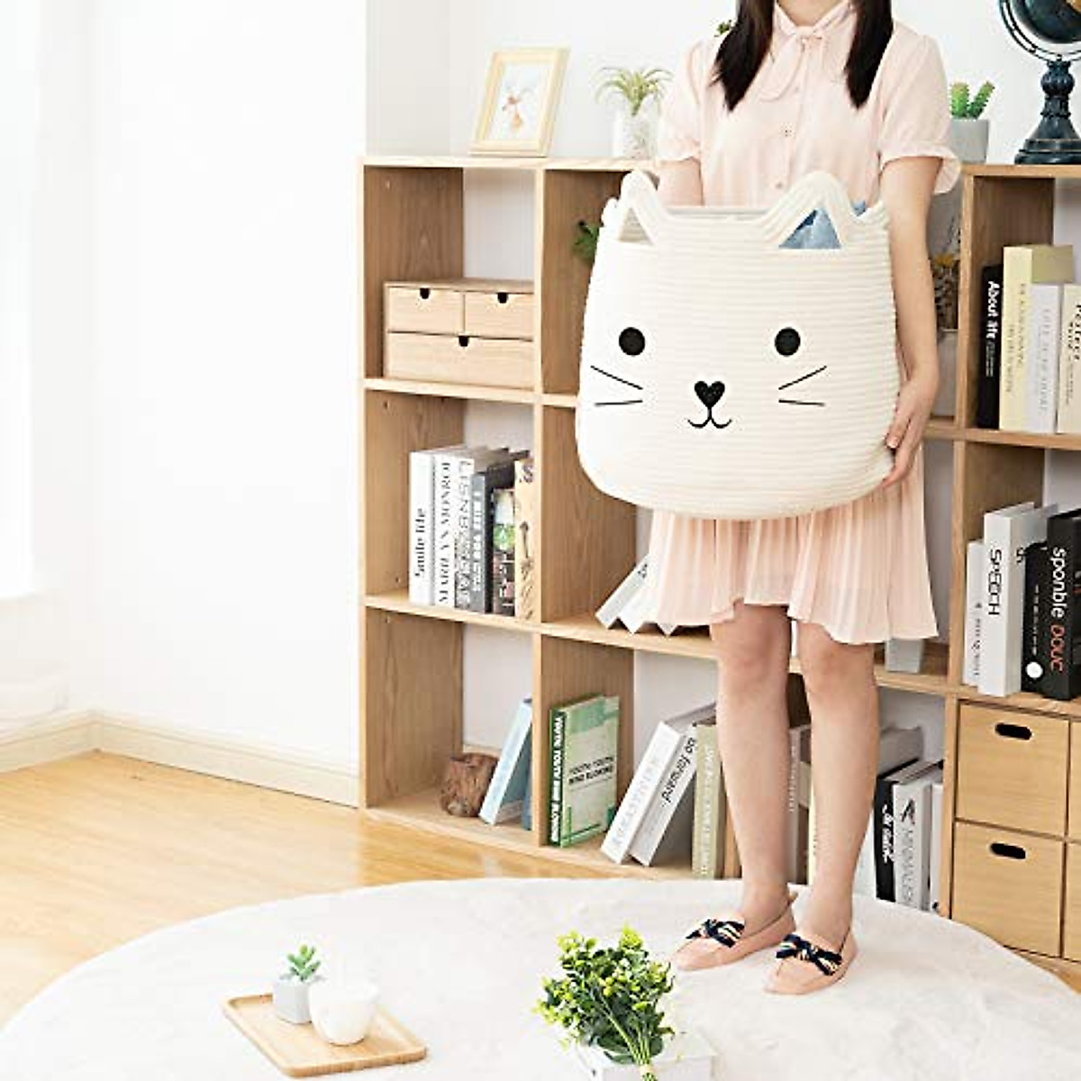 VK VK·LIVING Animal Hamper Large Woven Animal Cotton Rope Storage Basket Laundry Basket Organizer With Cat Design for Towels Blanket Toys Clothes Pet Hamper for Cat 15 L x 15 H