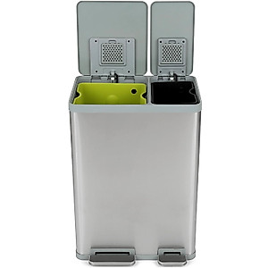 Simpli-Magic 60 Liter / 16 Gallon Rectangular Hands-Free Dual Compartment Recycling Kitchen Step Trash Can with Soft-Close Lid, Brushed Stainless Steel (40L + 20L Capacity)