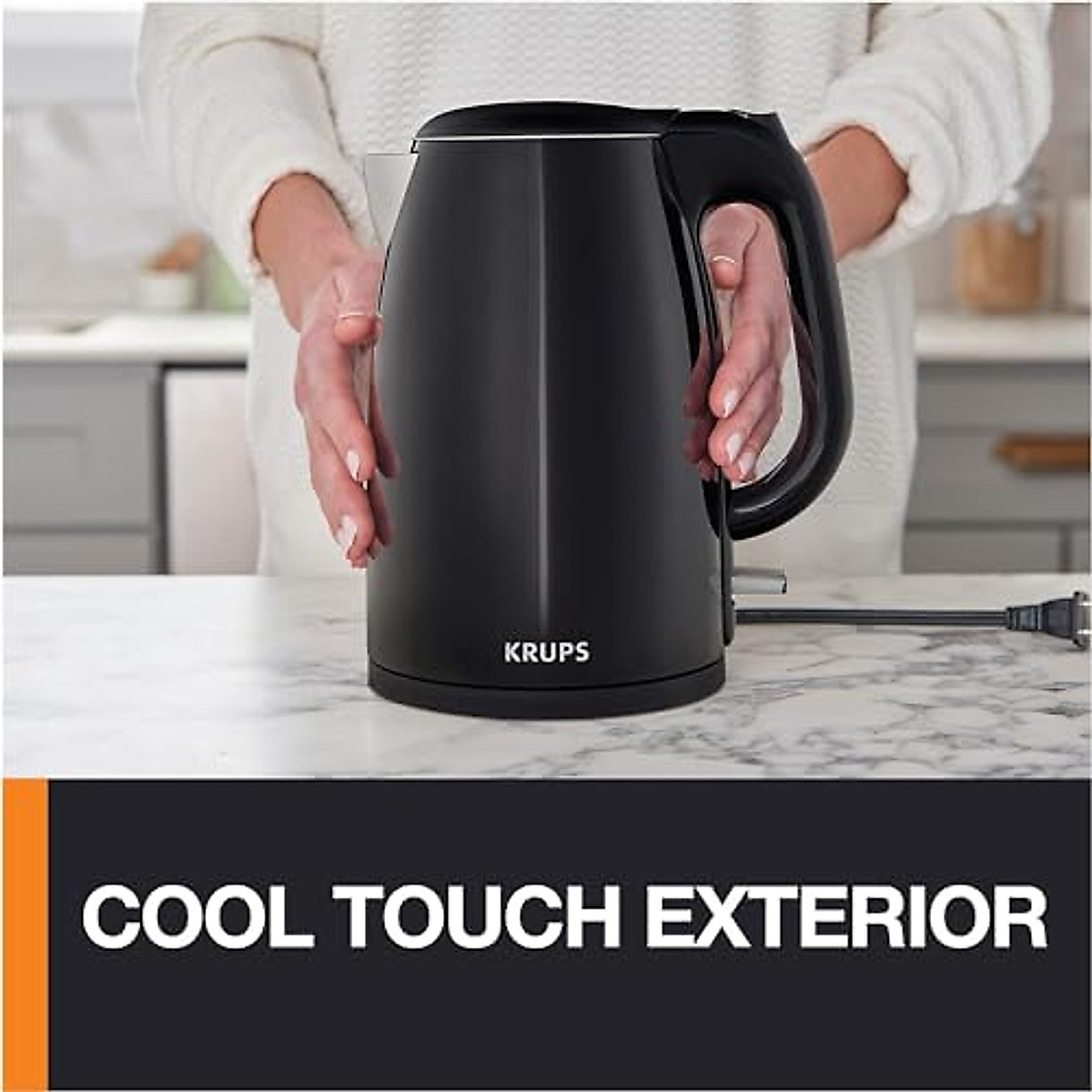 Krups, Electric Kettle, Cool Touch Stainless Steel Interior 1.5 Liter 1500 Watts Fast Boiling, one cup in 80 seconds, Double Wall, Fast Boiling, Auto Off, Keep Warm, Cordless Black