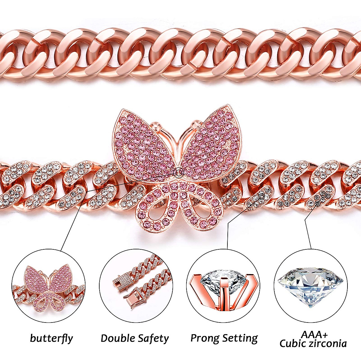 DXZNBEST 18 Inch 13mm Butterfly Cuban Necklace Collars Miami Butterfly Cuban Link Choker Iced Out Bling Butterfly Chain for Women Hip Hop Rapper Mother's Day Christmas