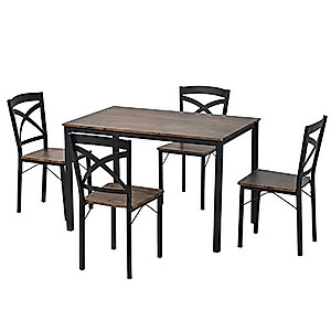 KoiHome 5-Piece Industrial Dining Metal Frame and Wooden Tabletop for 4 People, East-West Furniture Set with Rectangular Table and 4 Ergonomic Chairs for Kitchen,Resturant, Brown