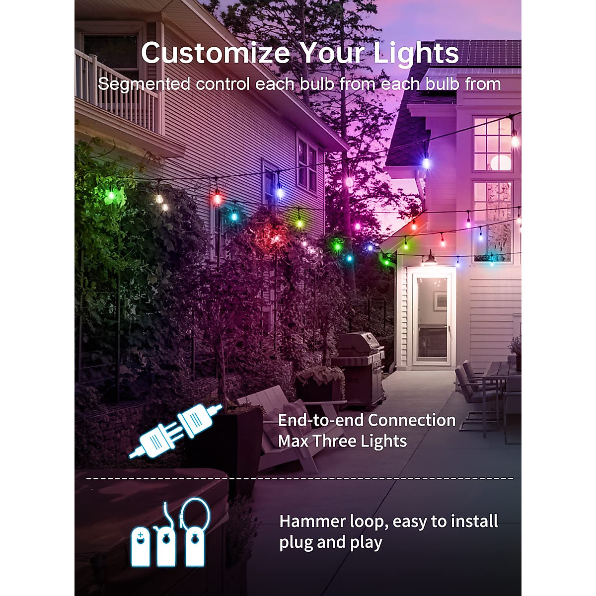 48FT Color Changing Outdoor String Lights, Commercial Grade with Music Sync Remote and 15 Shatterproof LED Edison Bulbs Dimmable Patio String for Christmas Holidays, Illuminate Your Space
