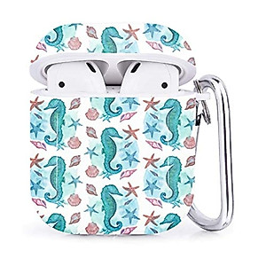 Compatible with Airpods 2 & 1 – Shockproof TPU Gel Portable Protection Soft Case Cover Skin with Carabiner Clip Keychain (Watercolor Seahorse Sea Shells)