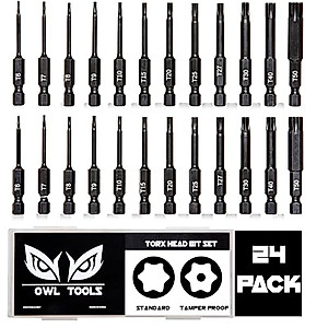 Owl Tools Torx Bit Set (24 Pack in Standard Torx Star Bits & Security/Tamper Proof) Sizes - T6 - T50 - Hex Shank Bit with Magnetic Tips - Hardened CRM Steel Alloy - 2.3" Long