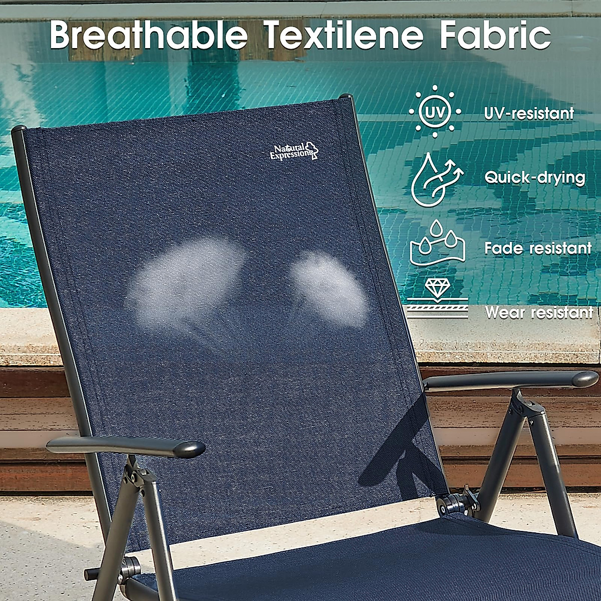 NATURAL EXPRESSIONS Chaise Lounge Outdoor, Aluminum Pool Lounger Chairs Portable Folding Patio Recliner Chair with 7 Position Adjustable Backrest for Beach, Backyard, Poolside,Lawn Supports 300 lbs