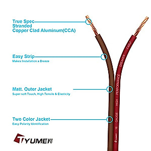 TYUMEN 50FT 16 Gauge 2 Conductor Electrical Wire, Matte Finish Semi-Transparent Red Brown Wire, 16 AWG Stranded Ultra Flexible Wire for Automotive Wire, Car Audio Speaker, 12 Volt Low Voltage Wiring