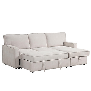 Merax L-Shaped Pull Out Sleeper Sofa Bed, Modern 4 Seater Convertible Corner Couch with Storage Chaise, Drop-Down Table, Cup Holders and Charging Ports