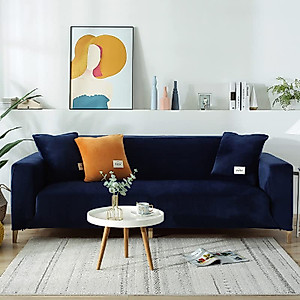 Elehealthy Thick Velvet Sofa Covers 1 2 3 4 Seater Plush Sofa Slipcovers High Stretch Couch Cover Furniture Protector with 1 Pillowcase for Living Room Kids Pets (4 Seater, Navy Blue)