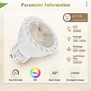 DiCUNO ProOE GU10 LED Bulb High CRI 98, 50W Halogen Equivalent, Flicker-Free Eye-Protection, Warm White 3000K, 5W GU10 Spotlights Bulbs 350LM Non-dimmable for Track, Recessed Lighting, 6 Pack