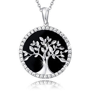 AGVANA Sterling Silver Tree of Life Necklace for Women Genuine Black Onyx CZ Dainty Family Tree Pendant Anniversary Jewelry Birthday Gifts for Women Mom Grandma Wife Daughter