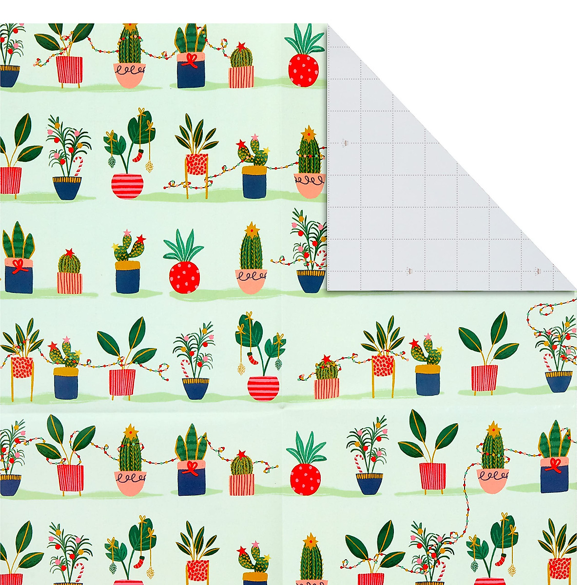 Hallmark Cute Christmas Flat Wrapping Paper Sheets with Cutlines on Reverse (12 Folded Sheets with Sticker Gift Tags) Pink, Mint Green, Plants, Cactus, Presents, Ornaments