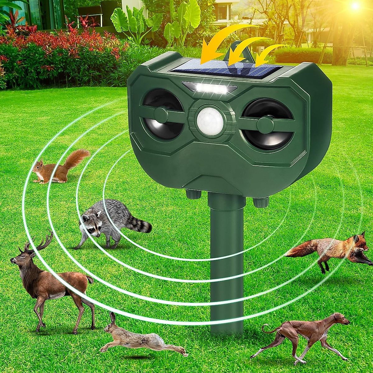 Ultrasonic Solar Animal Repellent Outdoor Deer Repellent Waterproof Animal Deterrent Adjustable Frequency Flashing Lights, Animal Repeller Defender Keep Cat Fox Squirrel Skunk Raccoon Out of Yard (1)
