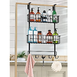 SMARTAKE Shower Caddy Over The Door, Bathroom Shelf with 10 Hooks, Fast-Draining Over Door Bathroom Organizer, Hanging Storage Rustproof for Dorm, Toilet, Bath and Kitchen (Black)
