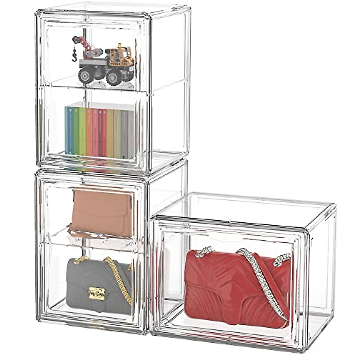 NiHome Clear PET Plastic Purse Handbag Display Case Magnetic Door Storage Organizers for Closet 3-Pack, Anti Dust Stackable Bag Container Boxes for Collectibles Wallets Cosmetics Books Toys (Large)