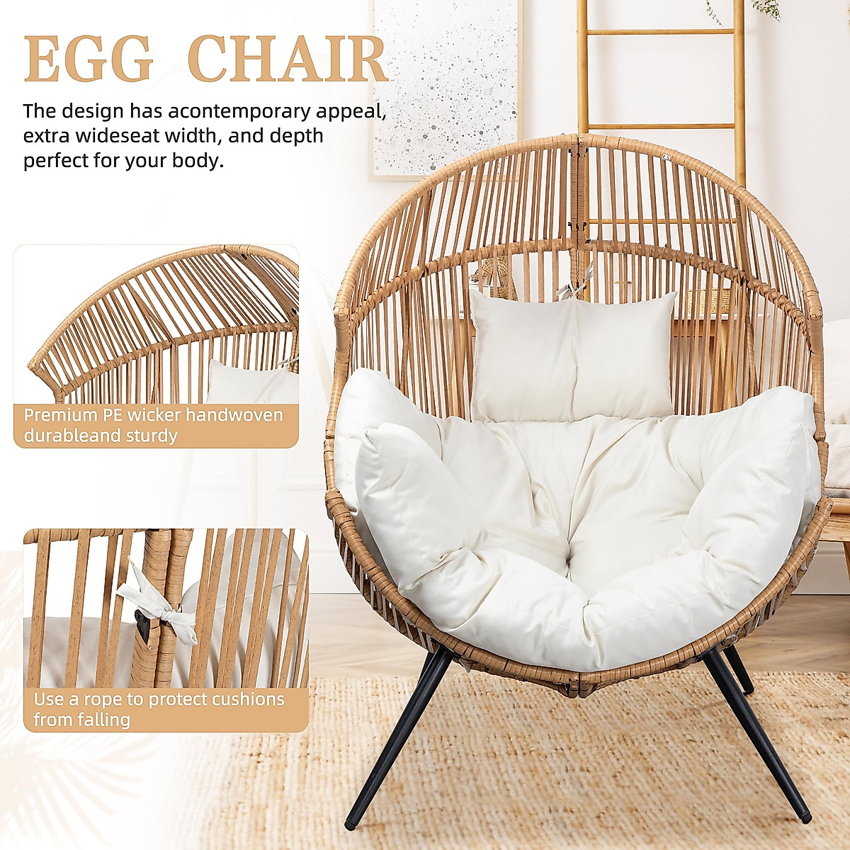Vongrasig Wicker Egg Chair PE Rattan Chair with Cushion, Oversized Patio Lounge Chair for Outdoor, Indoor, Balcony, Backyard, Garden, Beige
