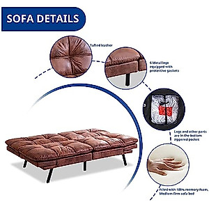 Fangflower Futon Sofa Bed, Faux Leather Memory Foam Couch, Foldable Convertible Sleeper Loveseat, Daybed for Living Room, Brown