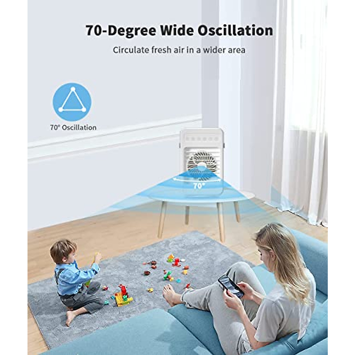 Personal Air Cooler, 70°Oscillating Evaporative Ultra Portable Personal Air Cooler with 7 Colors LED Light, 4 Wind Speeds, 2 Refrigeration, 2/4/6Timer, 2 Spray Modes and 450ml large tank for Office