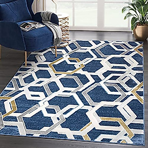 Abani Atlas 5'x8' Blue/Grey Area Rug, Hexagon Design - Durable Non-Shedding - Easy to Clean
