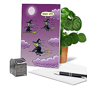 NobleWorks - Happy Halloween Card Funny - Fun Cartoon Humor, Spooky Greeting Notecard with Envelope - Surfing Witch C6247HWG
