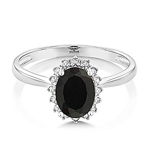 Gem Stone King 10K White Gold Black Onyx and Diamond Halo Engagement Ring For Women (1.65 Cttw, Oval 8X6MM, Size 9)