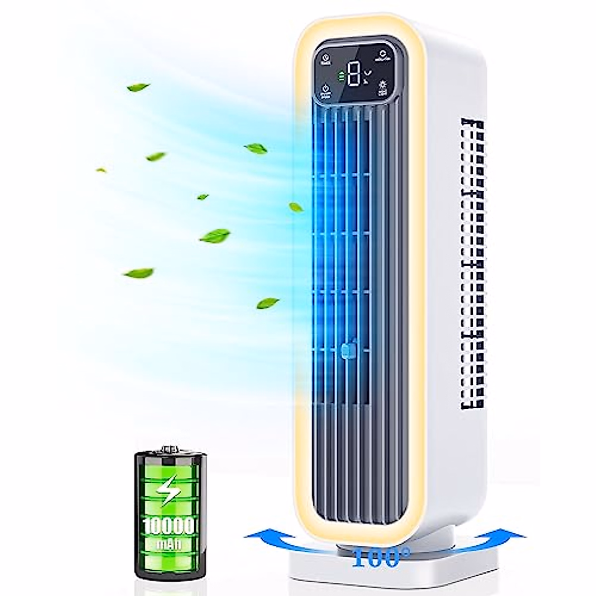 let'me Desk Fan, 14.6 Inch Oscillating Office Fan, 10000mAh Battery Operated Small Quiet Fan with 3 Speeds, 8H Timer and Night Light, Desk Tower Fan for Bedroom Office Home Desktop White