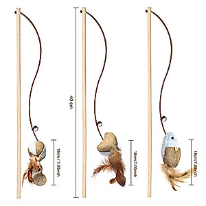 3 PCS Cat Wand Toys, 16 Inch Natural Wooden Cat Teaser Wand Toys with 5 PCS Silvervine Sticks for Cat, Interactive Cat Feather Wand Toy for Indoor Cats, Elastic String Cat Pole Toy with Bell, Feather
