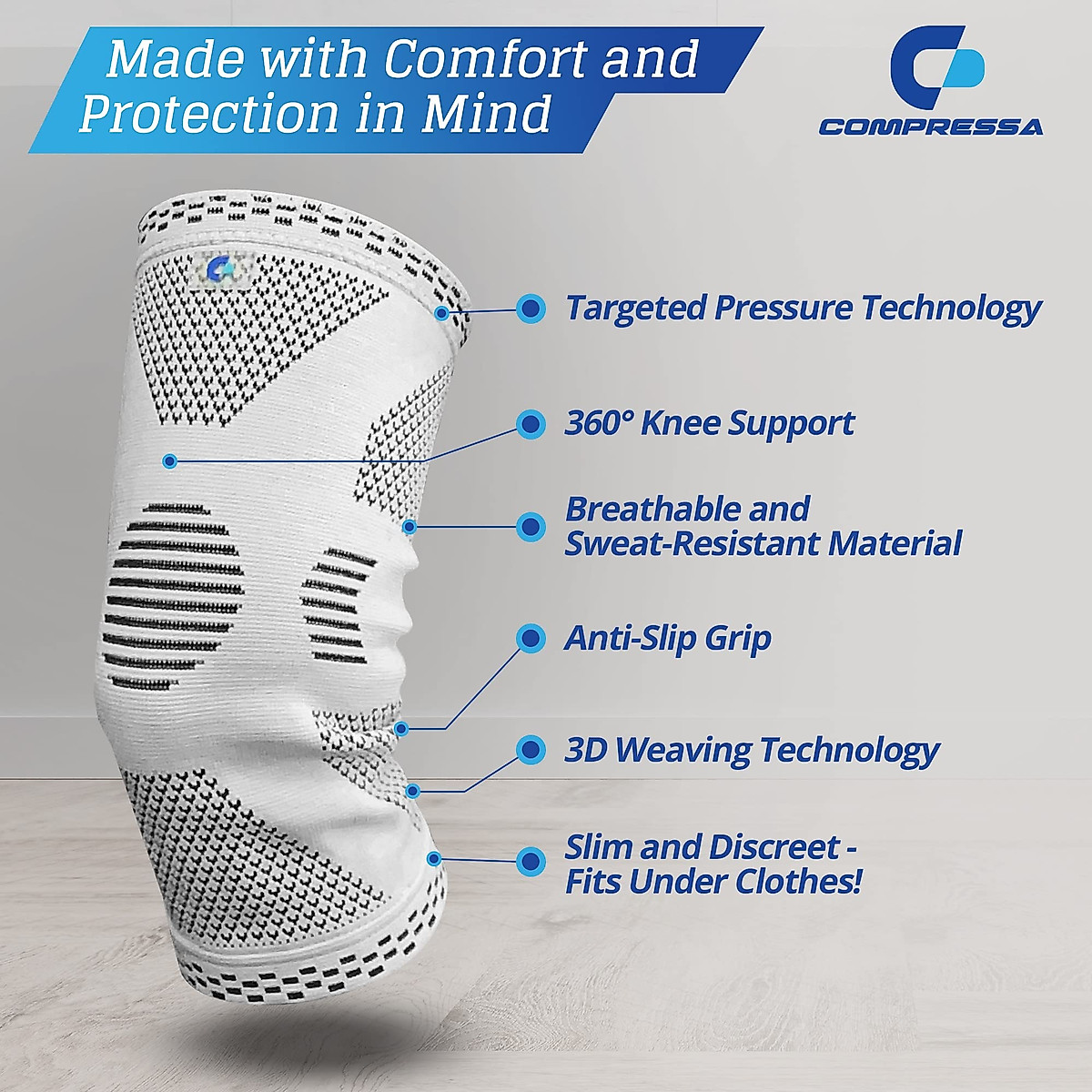 Compressa Knee Compression Sleeve For Women & Men, Braces for Pain - Premium Non-Slip Support Joint Pain, Muscle Recovery, Arthritis Relief, Injury Recovery and More Sleeves Weightlifting, Volleyball,