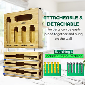 Bamboo Zip Lock Bag Kitchen Drawer Organizer - 9-in-1 Wrap Dispense with Cutter, Compatible with Gallon, Quart, Sandwich, and Snack Bags