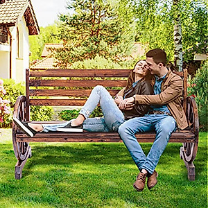 Mavalous Wagon Wheel Bench for Outdoor, 3-Person Seat Wooden Bench with Backrest, Rustic Benches forOutside, Porch, Garden, Brown