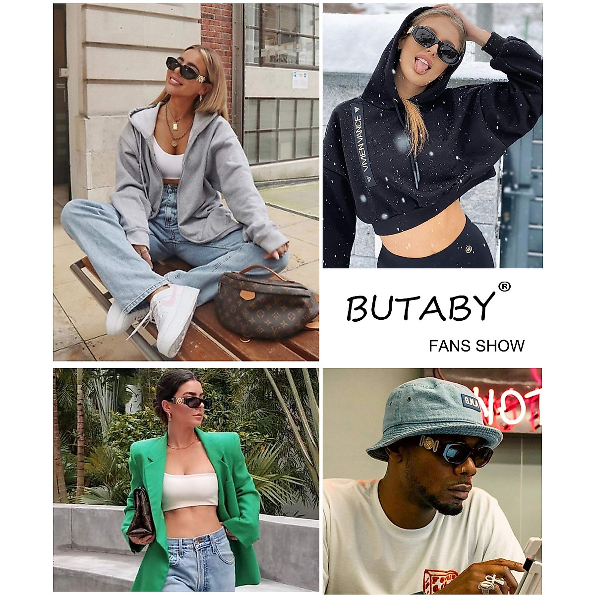 BUTABY Rectangle Sunglasses for Women Retro Driving Glasses 90’s Vintage Fashion Irregular Frame UV400 Protection Black & White