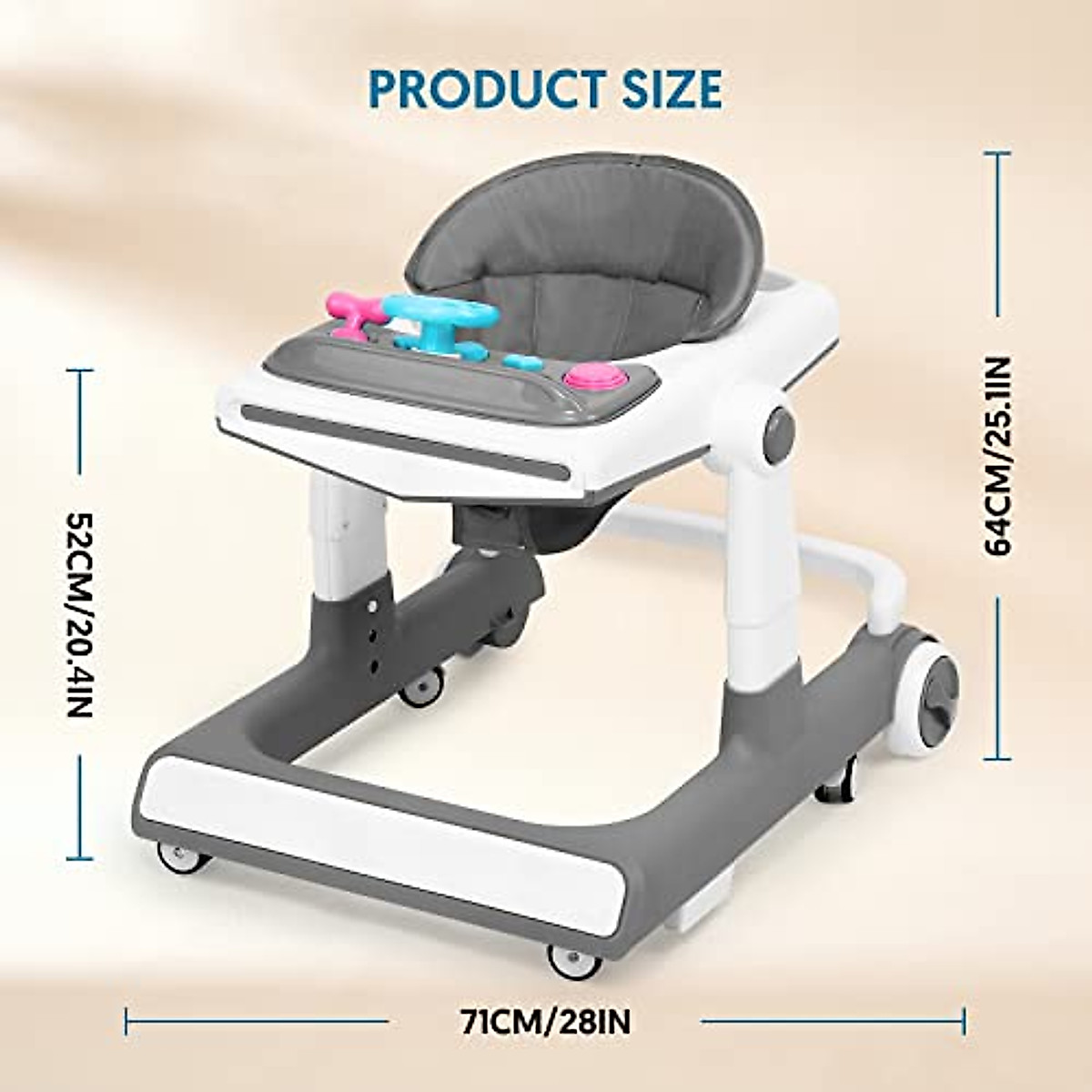 Bellababy Baby Walker Foldable Adjustable Height, Multi-Function Anti-Rollover Toddler Walker, Suitable for All terrains for Babies Boys and Girls 7-15 Months