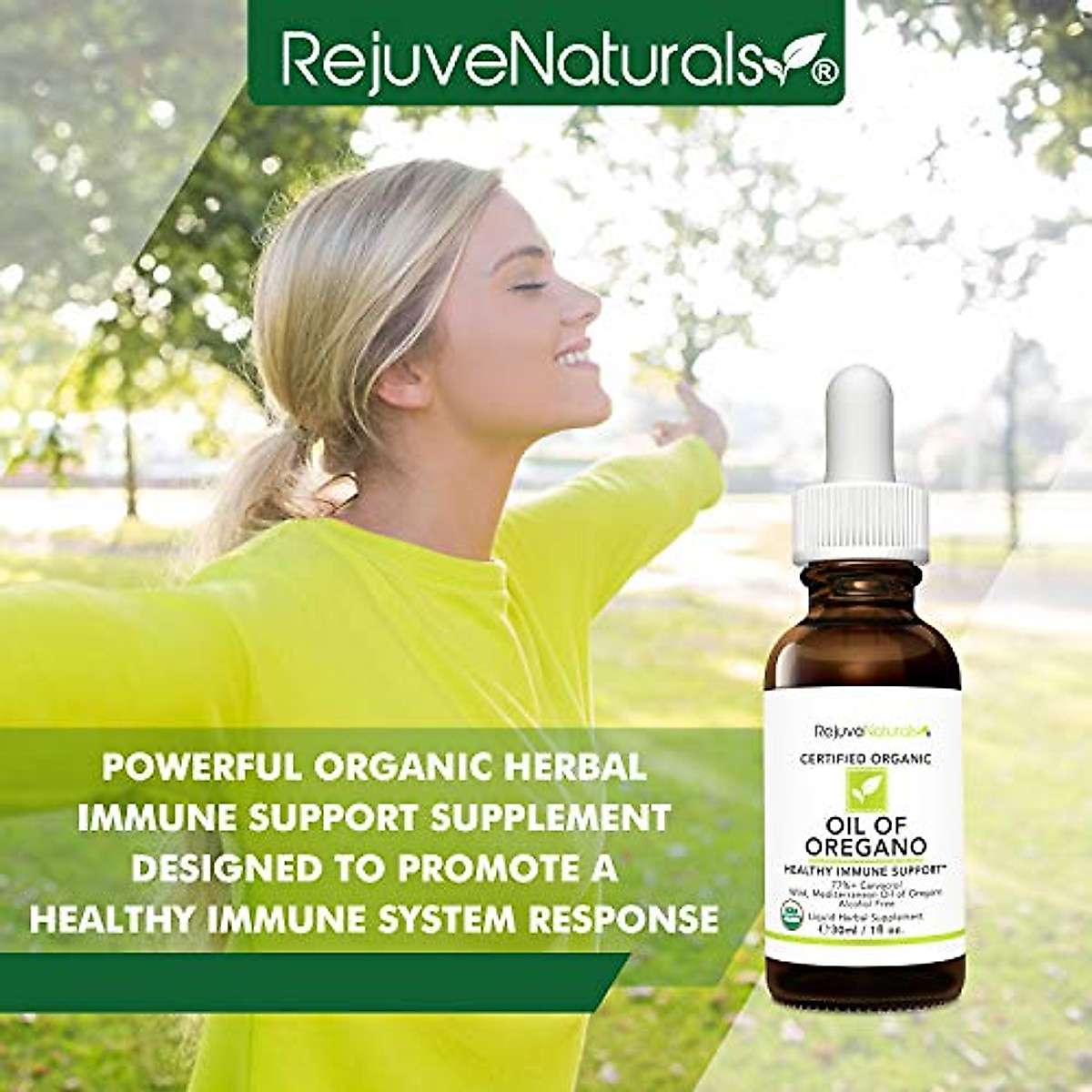 RejuveNaturals Oil of Oregano, USDA Organic - 1 fl oz (30ml Liquid) Wild, Mediterranean Oregano Oil. Concentrated Immune Support Drops. Gluten Free, Vegan & Non-GMO. Min 77% Carvacrol