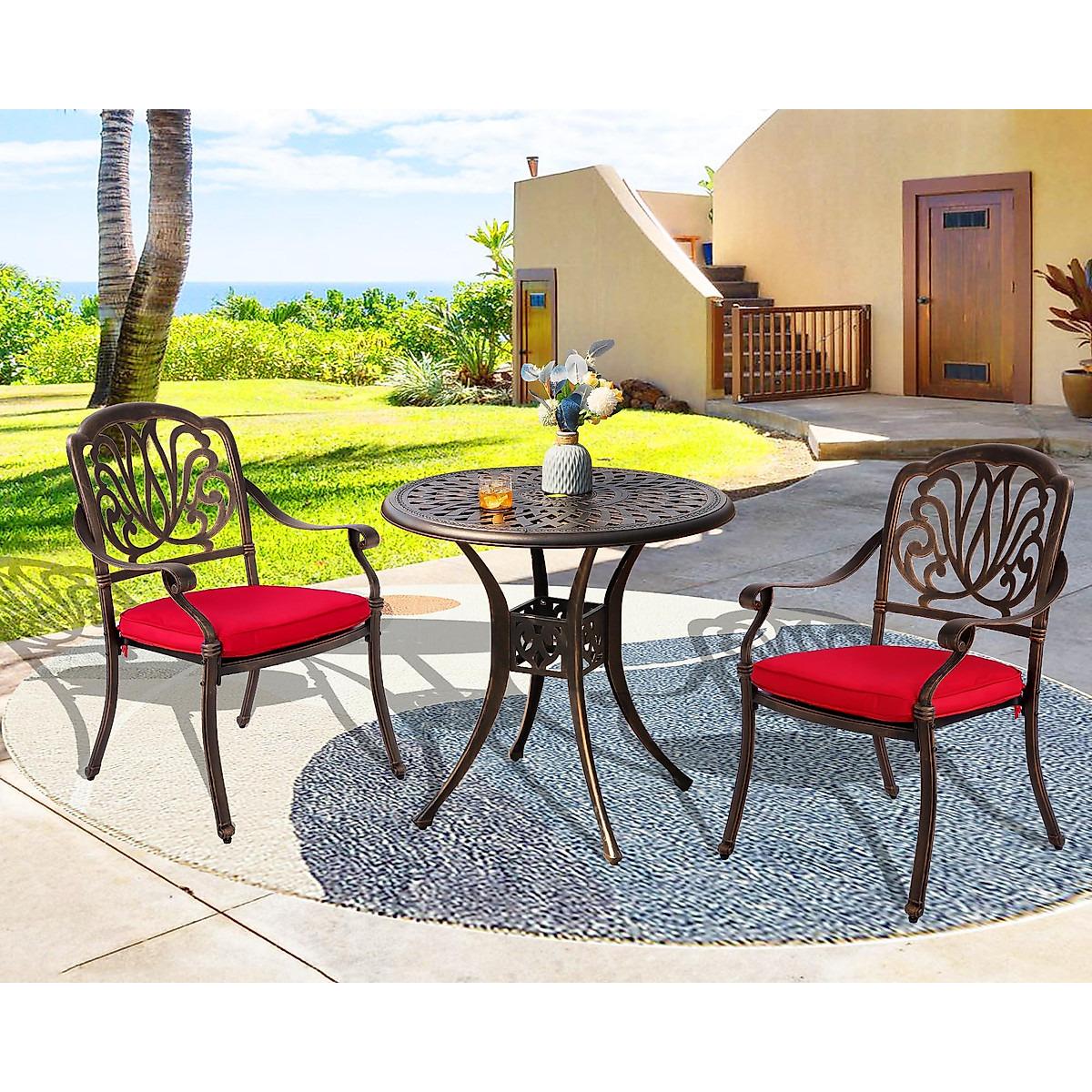 TITIMO 3 Piece Cast Aluminum Patio Dining Set,Outdoor Furniture Bistro Set, All-Weather Cast Aluminum Conversation Set Includes Table and Chairs w/Cushions and Umbrella Hole for Patio Garden (Red)