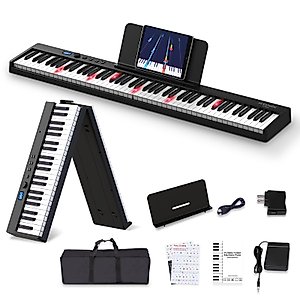 KONIX Folding Piano Keyboard, 88 Keys Full Size Semi-Weighted Foldable Piano, Portable Electric Keyboard Piano with Light Up Key, Sustain Pedal, Piano Stickers, Sheet Music Stand and Piano Bag, Black
