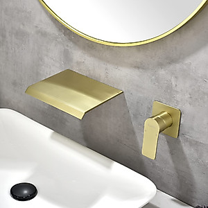 SHAMANDA Wall Mount Bathtub Faucet, Waterfall Roman Tub Filler Faucet Single Handle Bathroom Sink Faucet with Rough-in Valve and Trim Kit, Brushed Gold, LW01-3