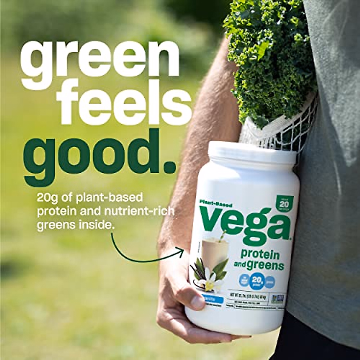 Vega Protein and Greens Vegan Protein Powder Vanilla (25 Servings) - 20g Plant Based Protein Plus Veggies, Vegan, Non GMO, Pea Protein for Women and Men, 1.7lb (Packaging May Vary)