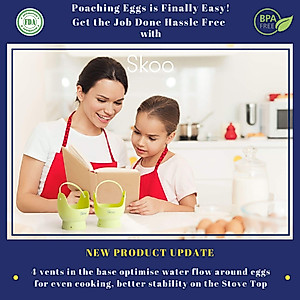 Egg Poacher - Skoo Silicone Egg Poaching Cups + Lids + Bonus eBook - Egg Cooker Set - Perfect Poached Egg Maker - For Stove Top, Microwave and Instant Pot - Pack of 2 - Green