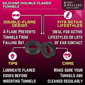 1 1/16" Inch (28mm) Black Silicone Double Flared Ear Plugs - Sold as a Pair