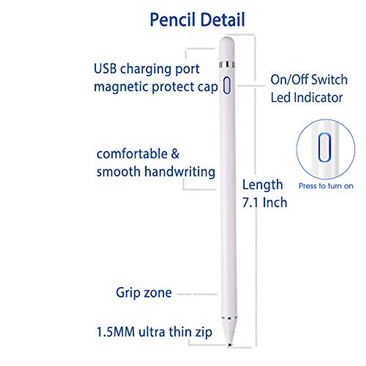 Stylus Pens for Touch Screens, Active Pencil Smart Digital Pens Rechargeable Fine Point Stylist Compatible with Apple iPad and Other Tablets (White)