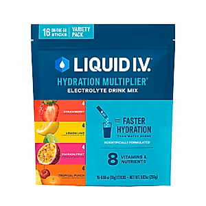 Liquid I.V.® Hydration Multiplier - Variety Pack - Lemon Lime, Passion Fruit, Strawberry, Tropical Punch | Electrolyte Powder Drink Mix | 1 Pack (16 Servings)