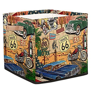 Repair Route 66 Retro Poster Cube Storage Bins 13 x 13 x 13 inch, Vintage Garage Fabric Organizer Bins Basket Boxes with PU Leather Handles Foldable Storage Cube for Clothes Bedroom Closet Shelves