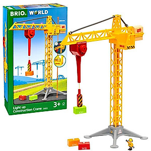 BRIO 33835 Construction Crane with Lights | Wooden Toy Train Set for Kids Age 3 and Up, Yellow