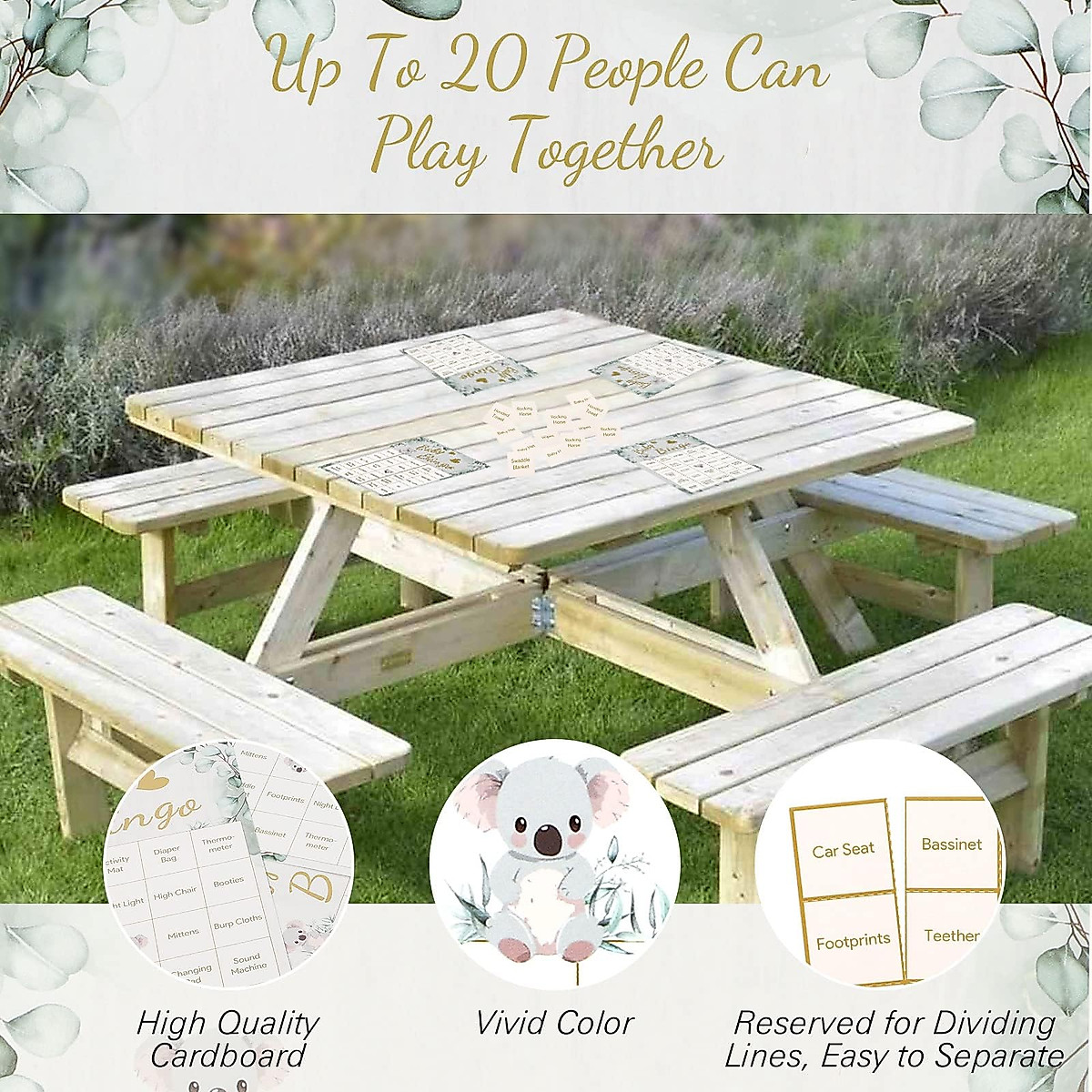 YIFAM Baby Shower Bingo Game Eucalyptus Foliage Edition, 20 Players Bingo Cards for Kids, Reveal Party Games Favors Supplies Decorations Souvenirs Gifts