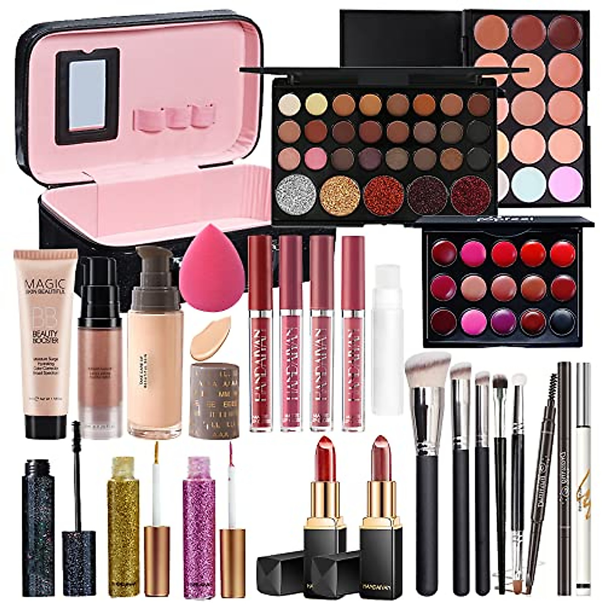 All in One Makeup Set Holiday Gift Box Essential Starter Bundle Include Eyeshadow Concealer Lipstick Lip Gloss Mascara Eyeliner Eyebrow Pencil Lip Balm Face Powder - Full Makeup Kit for Women