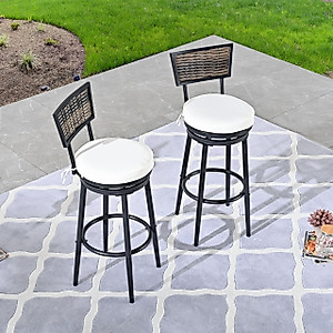 LOKATSE HOME 2 PCS Outdoor Swivel Barstools, Patio Bar Chairs with Wicker Back and Cushions for Backyard Deck Lawn Garden