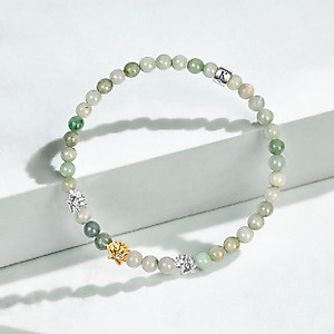 KARMA AND LUCK - Limitless Potential - Abundance & Prosperity Burmese Women's Real Jade 925 Sterling Silver - 18K Gold Plated Triple Lotus Charm Stretch Bracelet Handmade in Bali