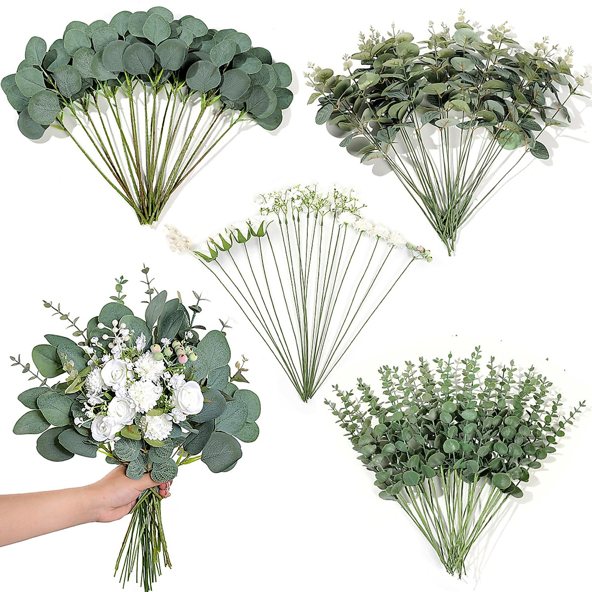 110 Pcs 7 Kinds Mixed Artificial Eucalyptus Stems and Faux Flowers,Fake Silver Dollar Eucalyptus Leaves Stems Bulk Real Touch Leaf Branches for DIY Bouquets Floral Arrangement Wedding Home Decor