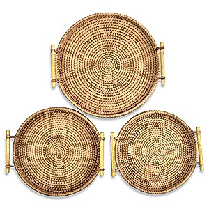 FiaLife Rattan Hand Woven Round Decorative Rustic Serving Wicker Trays with Handles for Home / Social Events - Bread Basket, Vegetable, Fruits, Snacks, Crackers, and Breakfast. Set of 3.