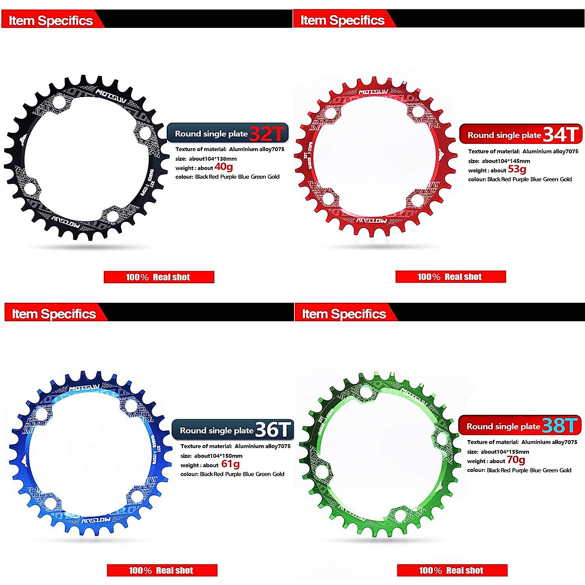 YBEKI 30T 32T 34T 36T 38T 40T 42T 44T 46T 48T 50T 52T Chainring 104BCD Round Oval Narrow Wide Single Bike Chainring for 8 9 10 11 Speed Mountain Bike Road Bike MTB BMX (black round, 34T)