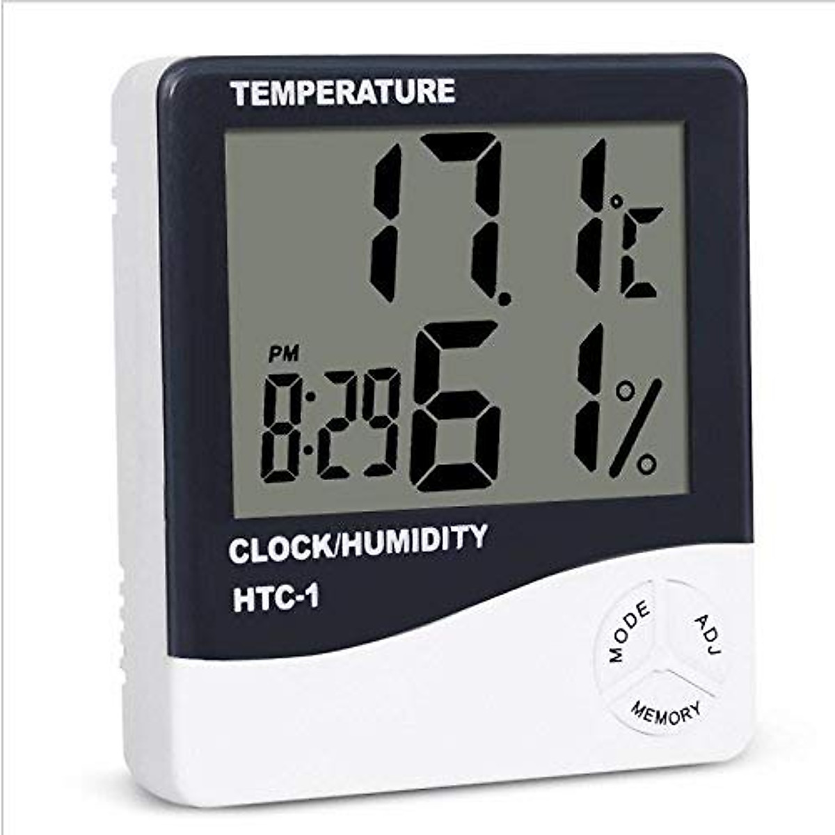 HTC-1 Digital Thermometer Hygrometer Clock Alarm/Alarm Calendar 5 Functions Large Screen Desktop Stand & Wall Mount White Thermometer Hygrometer Digital